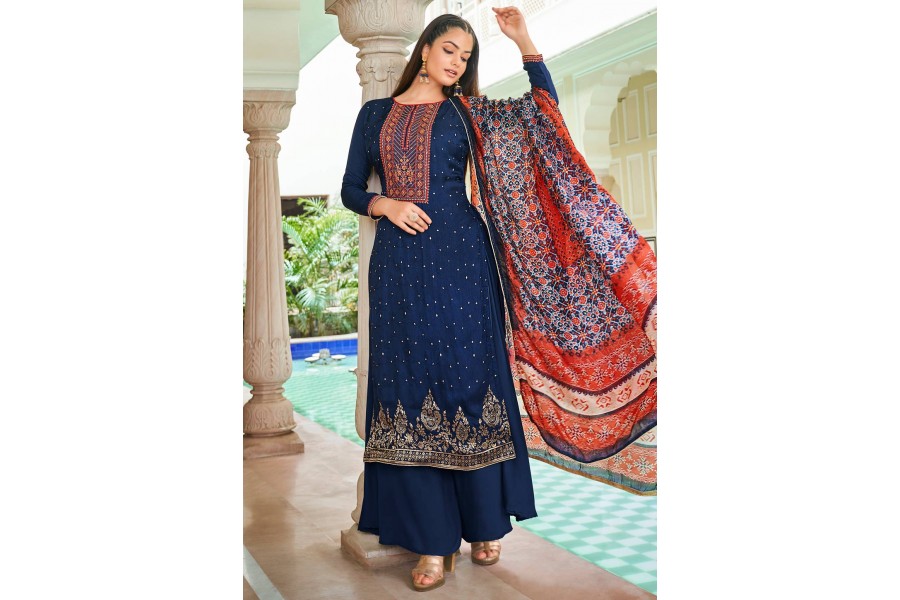 Navy blue silk jacquard palazzo suit 3205