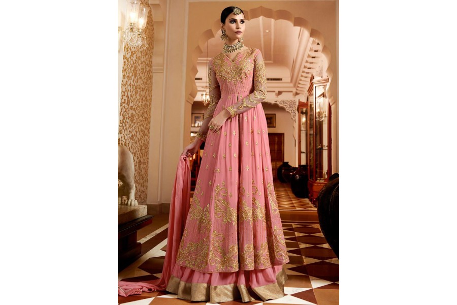 Pink georgette wedding ghagra lehenga kameez 11007