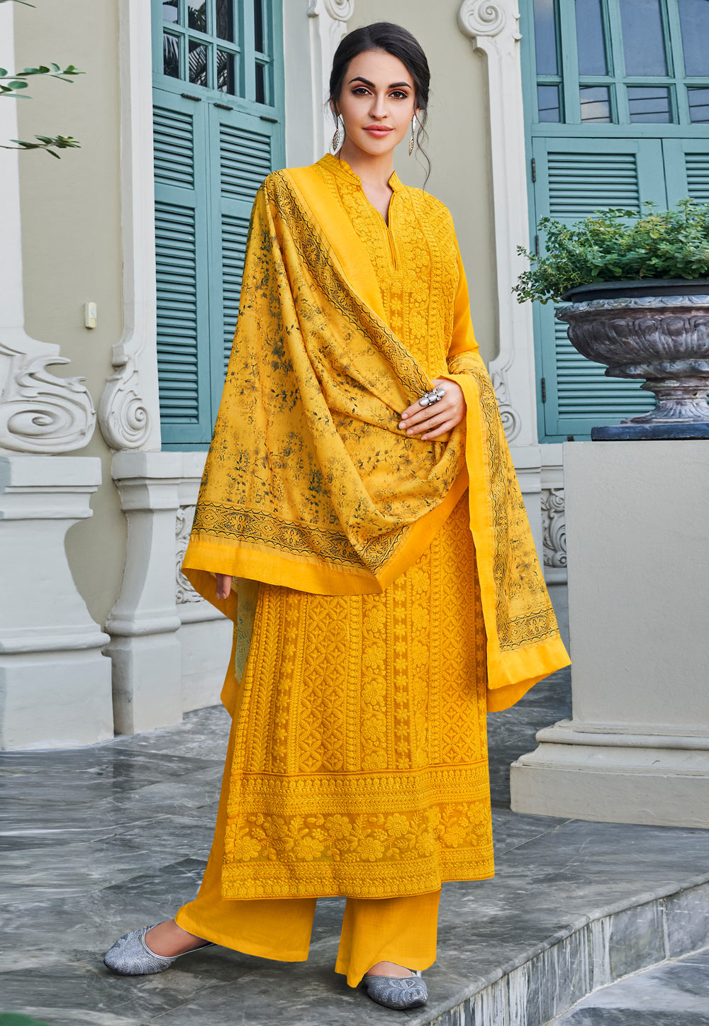 Yellow Faux Georgette Readymade Palazzo Suit 1081
