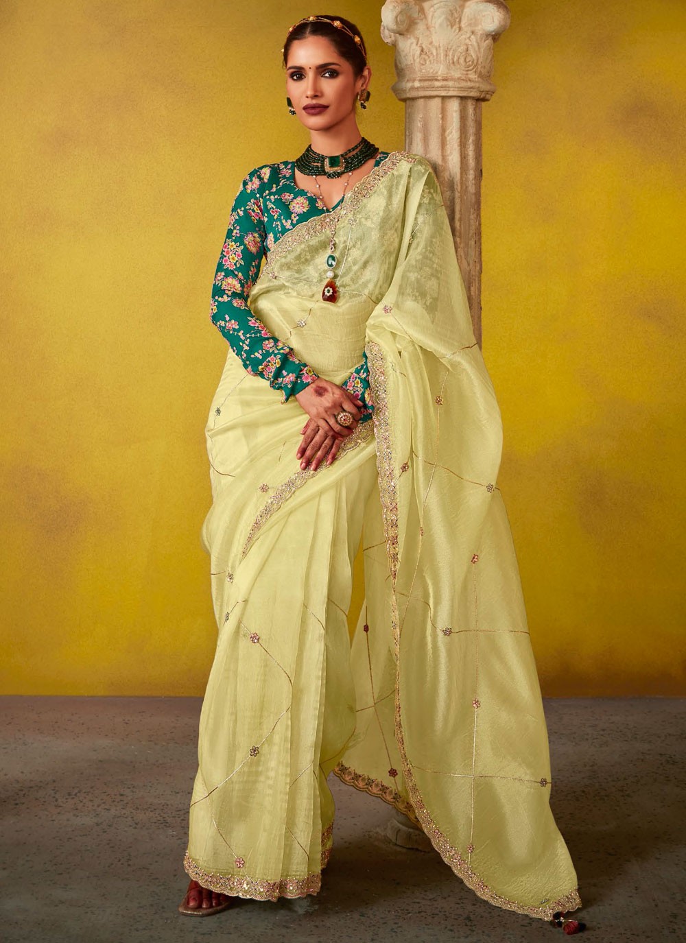 Light green glass tissue sequins embroidered wedding saree with blouse 2159