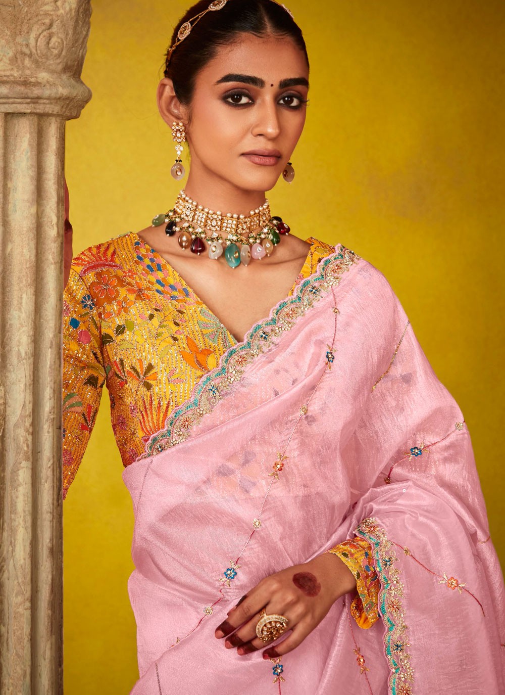 Light rose glass tissue sequins embroidered wedding saree with blouse 2157