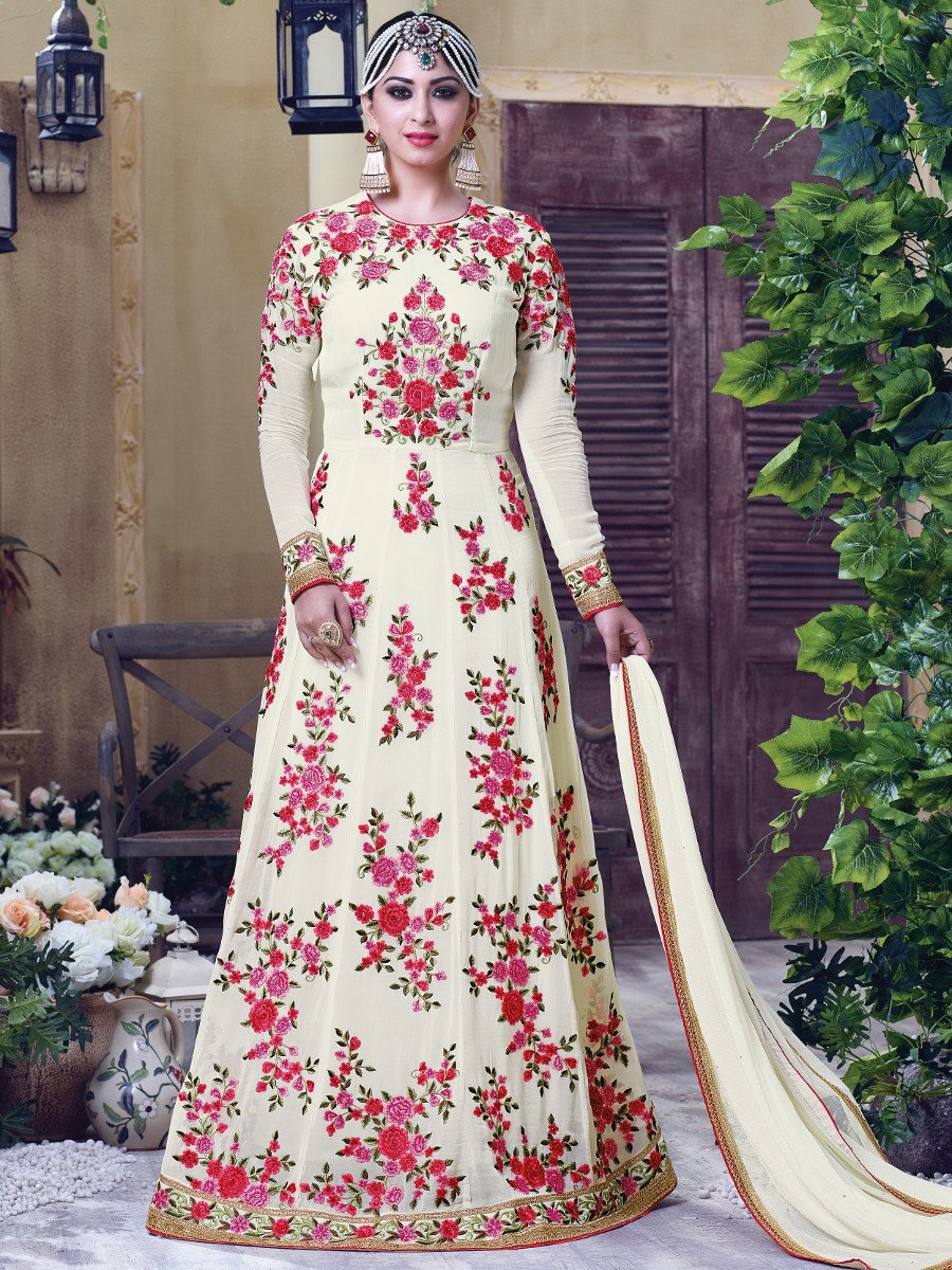 Buy Cream color georgette party wear anarkali kameez in UK, USA and Canada