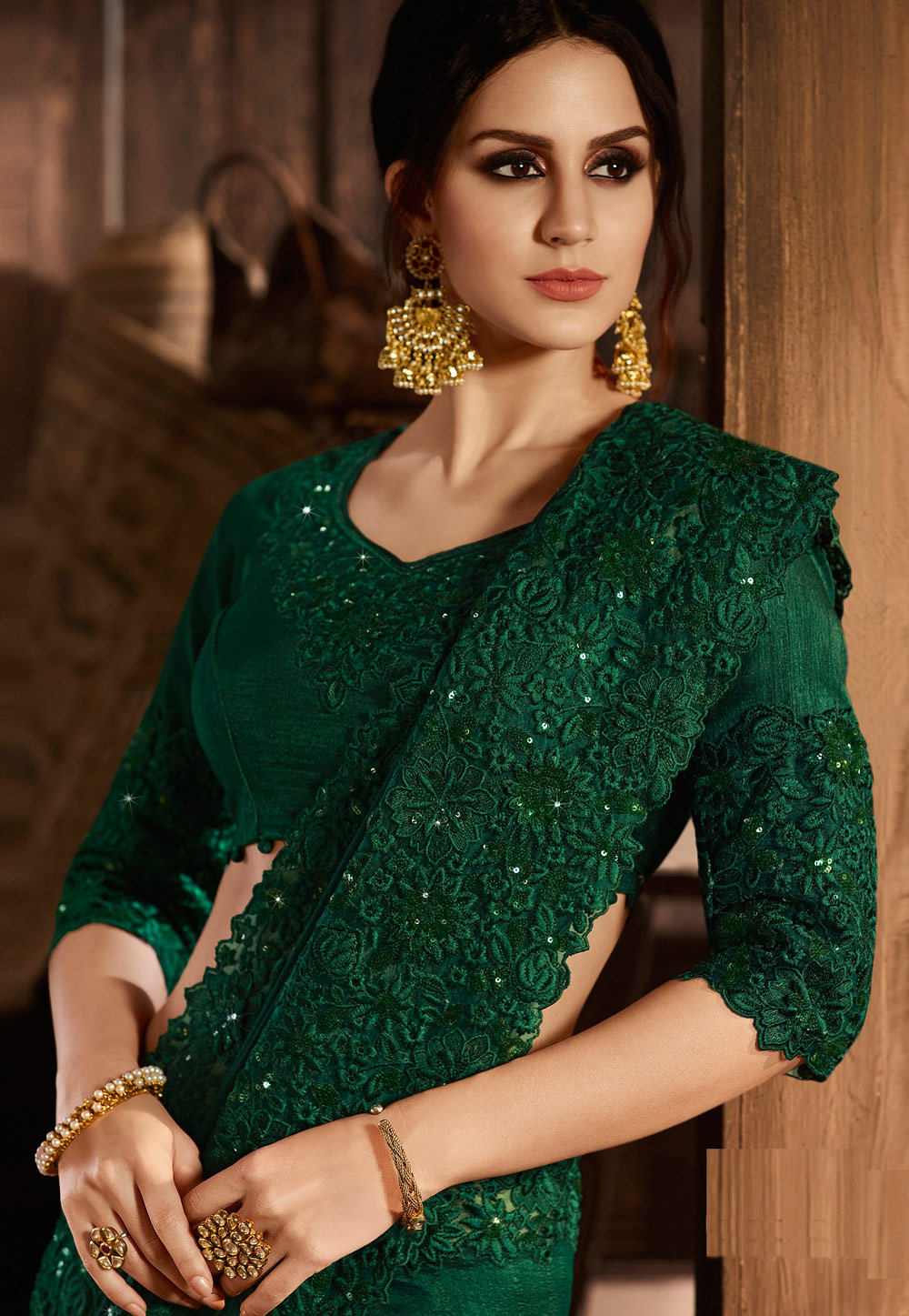 Dark green silk saree with blouse 5412