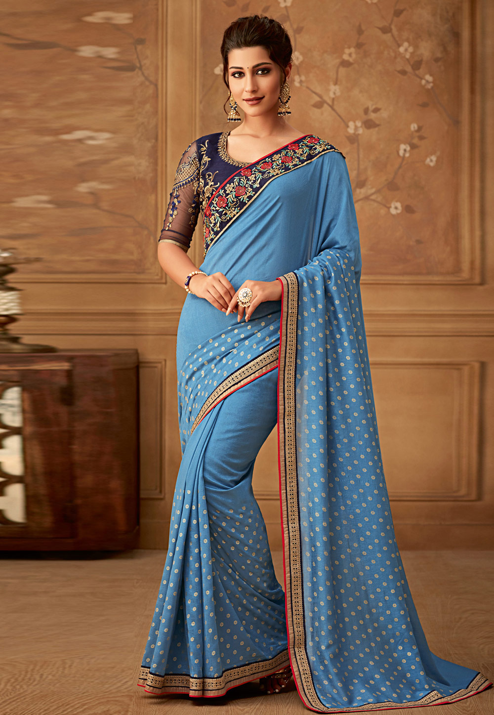 Light blue silk embroidered festival wear saree 513