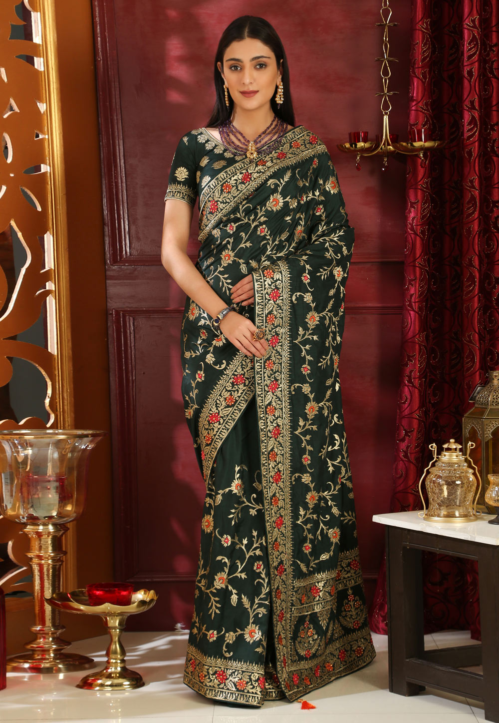 Mehndi silk saree with blouse 4120