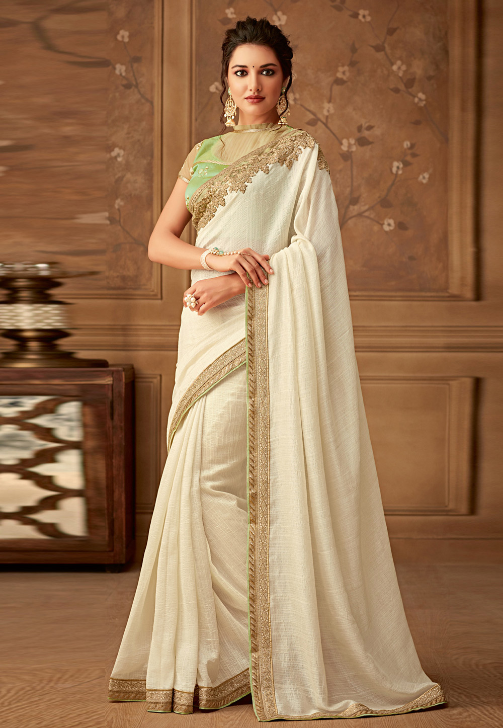 Off white chiffon embroidered festival wear saree 517