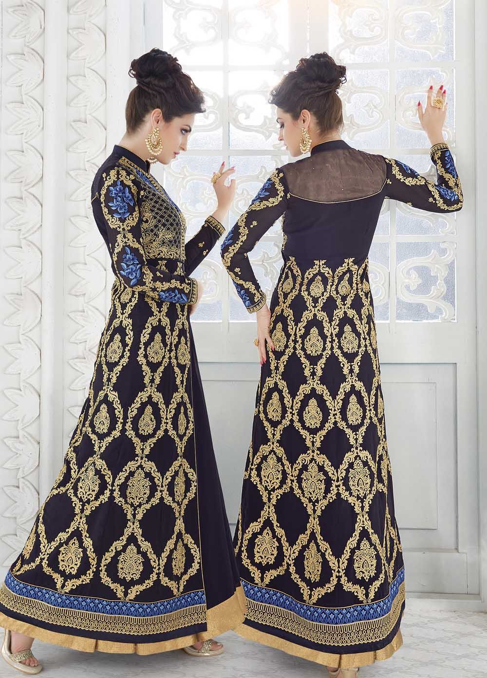 Buy Navy blue color georgette wedding ghaghara and pant style 2 in 1 ...