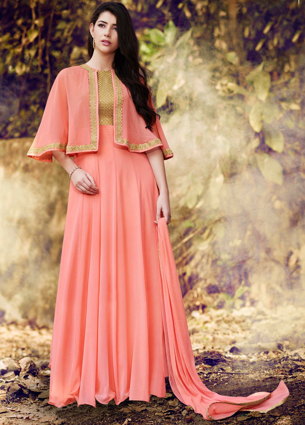 Buy Peach color georgette straight cut salwar kameez in UK, USA and Canada