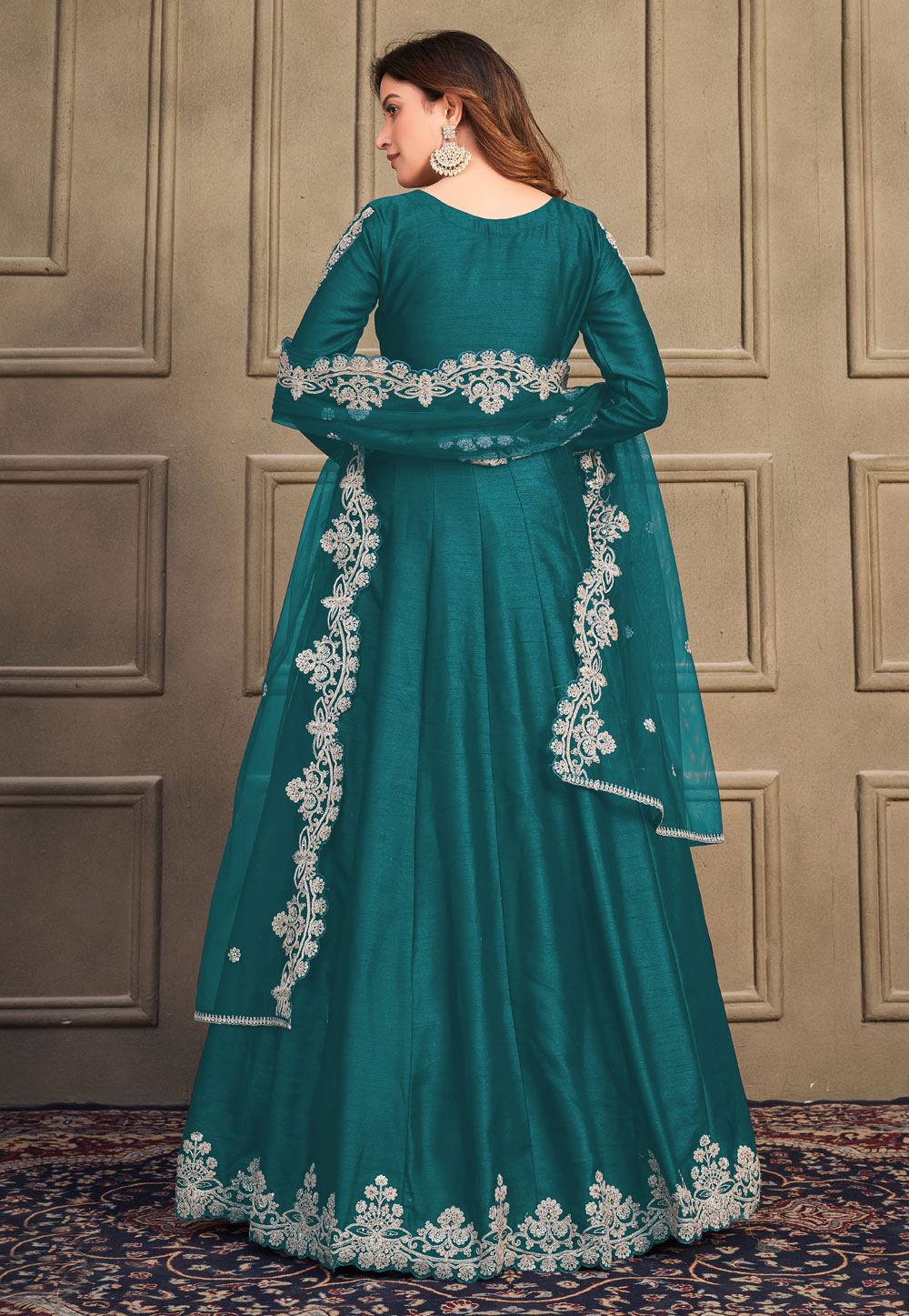 Teal Art Silk Abaya Style Anarkali Suit 10061