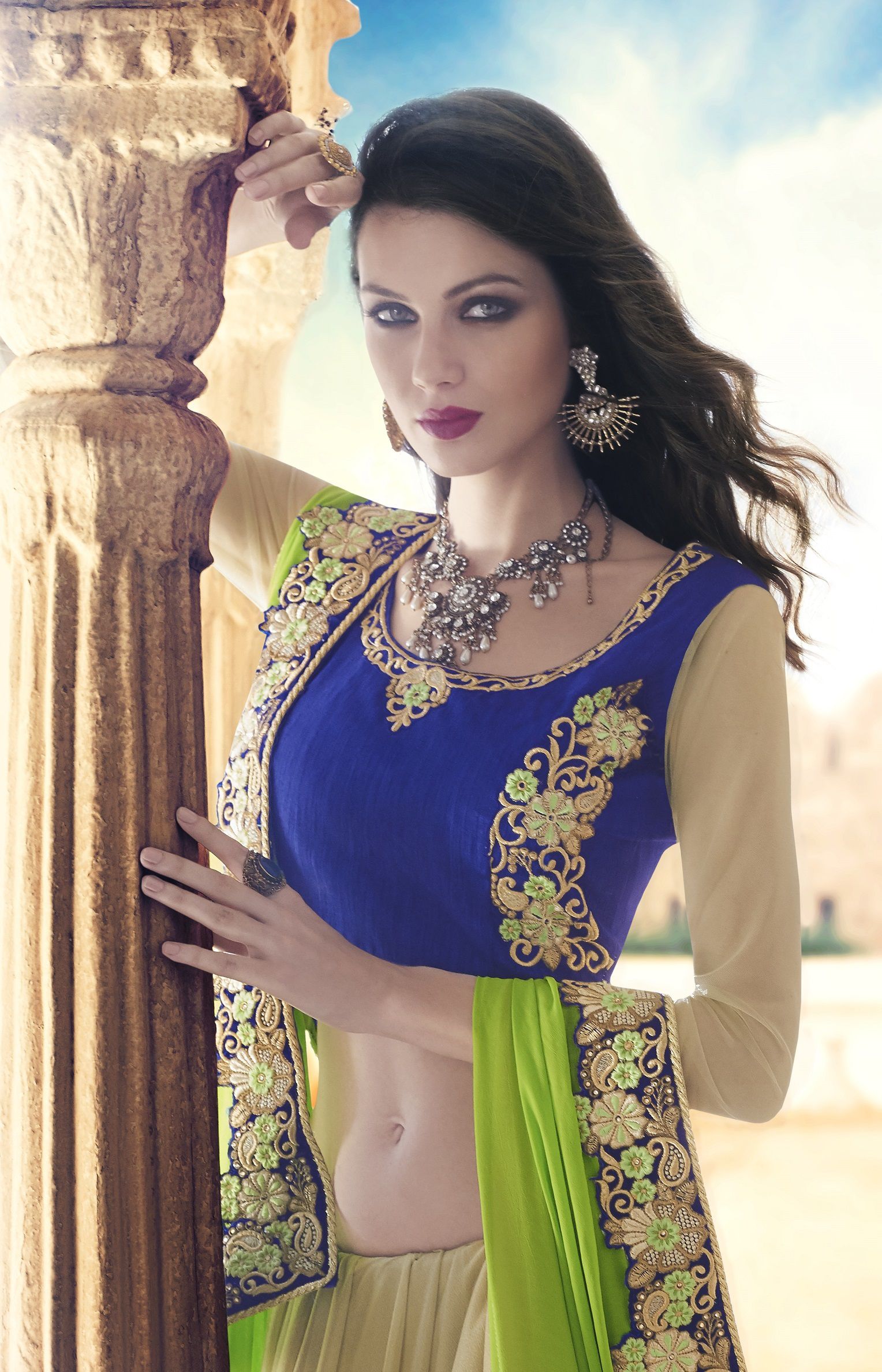 Party-wear-Chikoo-Green-color-saree