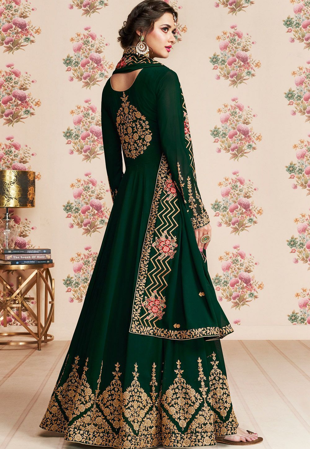 Dark Green Georgette Embroidered Long Anarkali Suit 8185