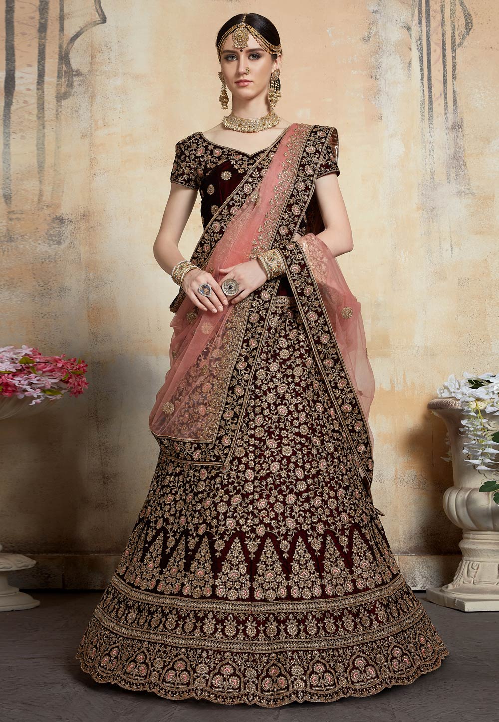 Maroon Velvet Embroidered Bridal Lehenga Choli 3202