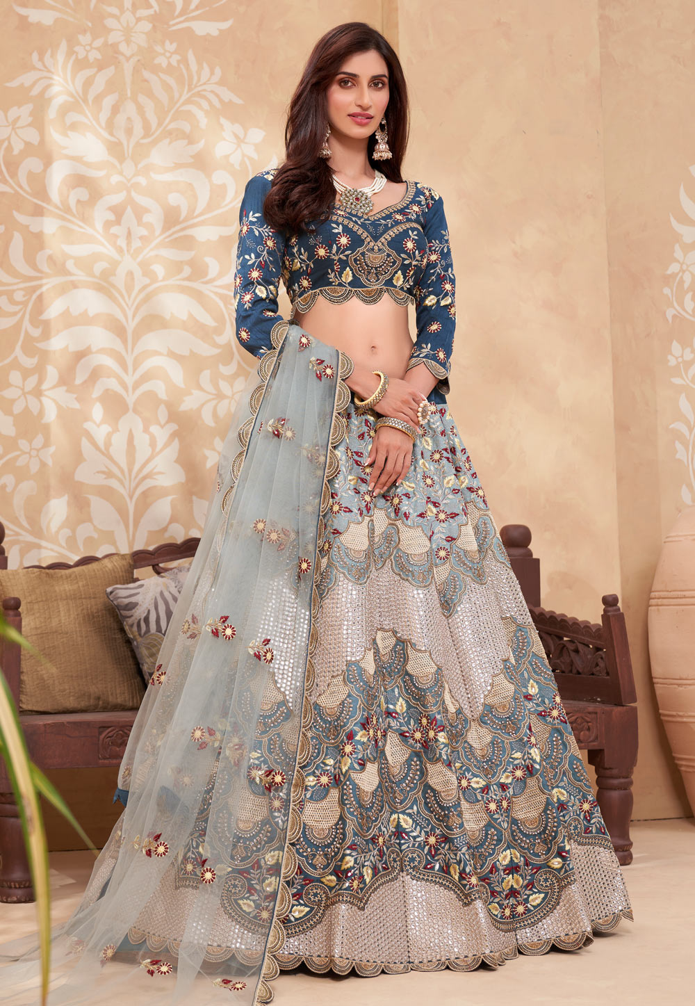 Grey Net Sequins Work Lehenga Choli 1040