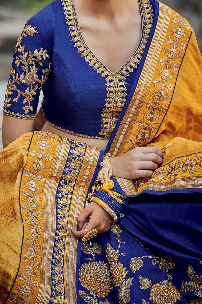 Buy Royal blue and yellow silk indian bridal saree in UK, USA and Canada
