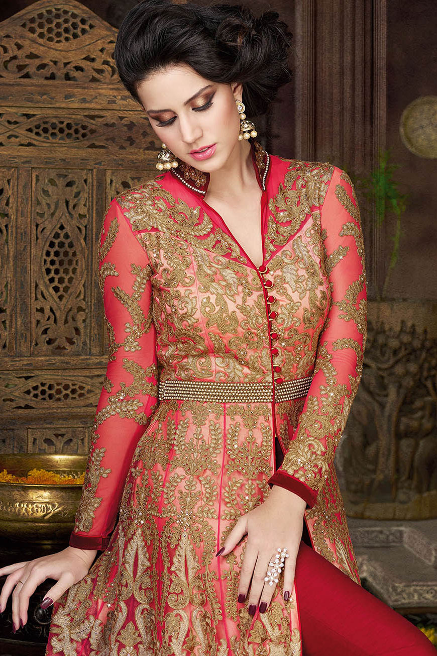 Buy Peach color net party wear anarkali salwar kameez in UK, USA and Canada