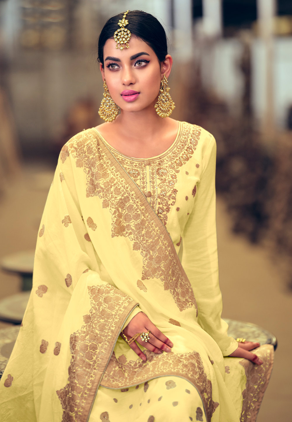 Yellow Silk Jacquard Palazzo Suit 2234