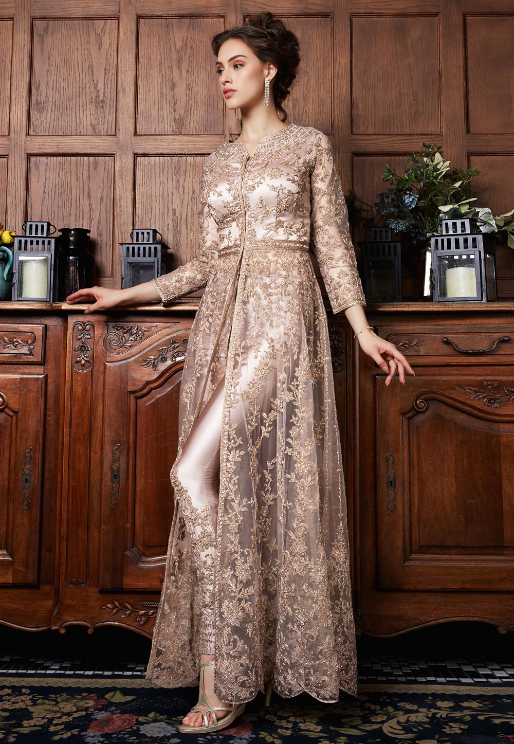 Beige satin embroidered center slit anarkali suit 4530A