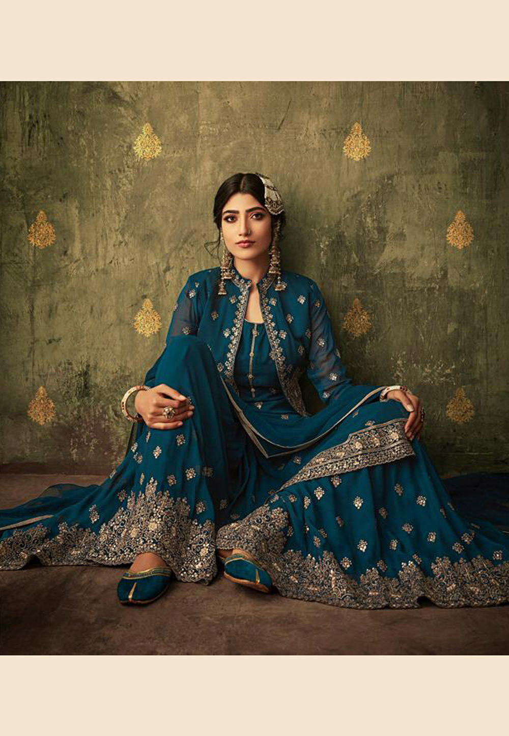 Blue georgette embroidered sharara suit with jacket 70005