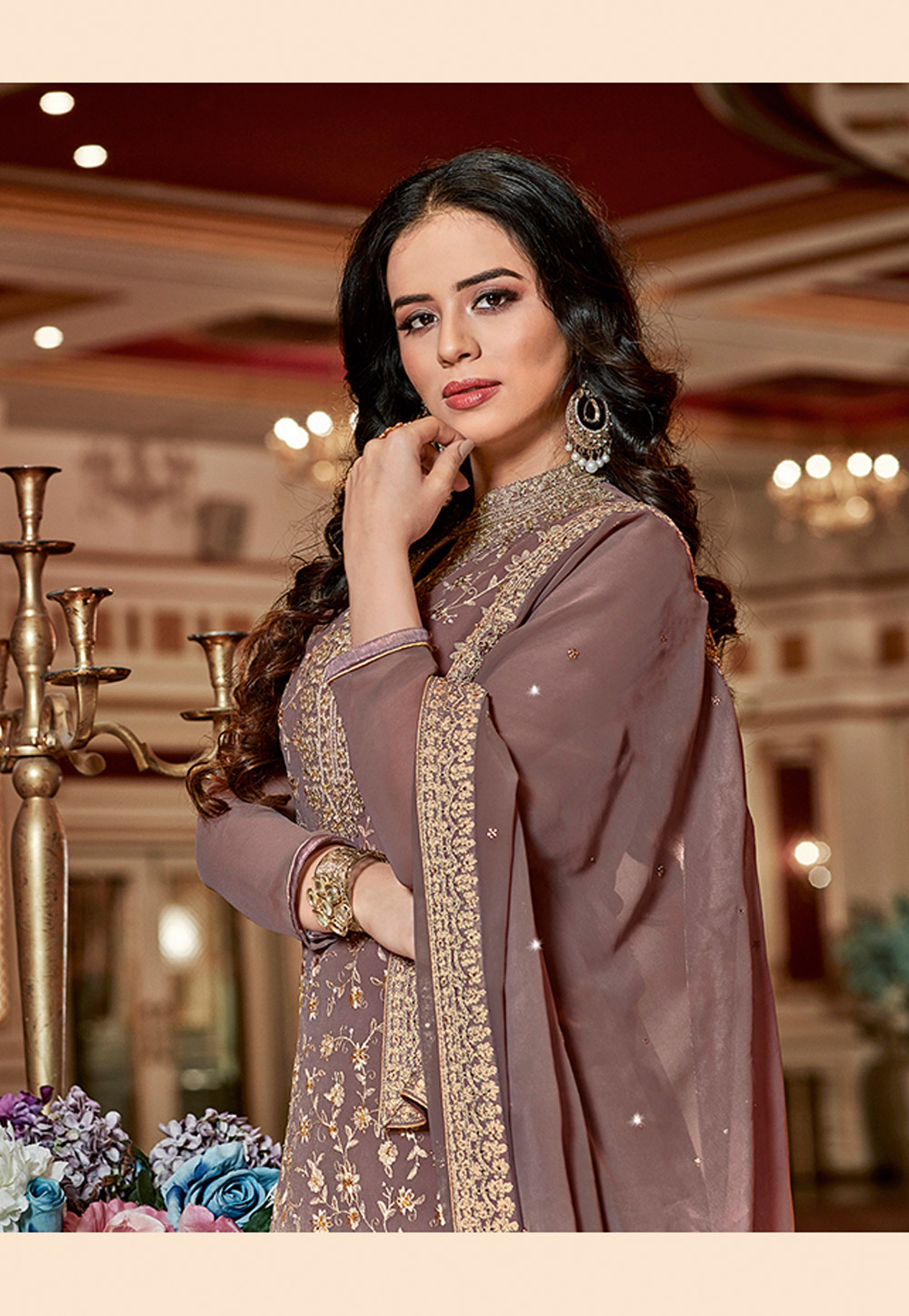 Brown georgette embroidered sharara suit 4520