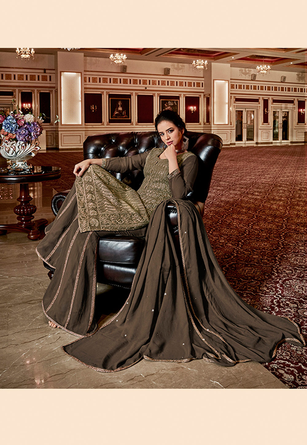 Brown georgette embroidered sharara suit 4521