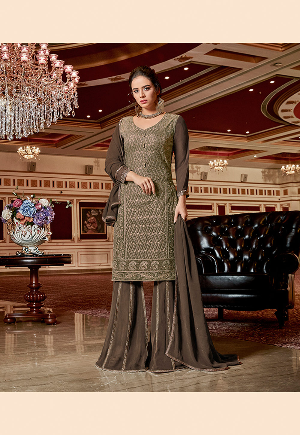 Brown georgette embroidered sharara suit 4521