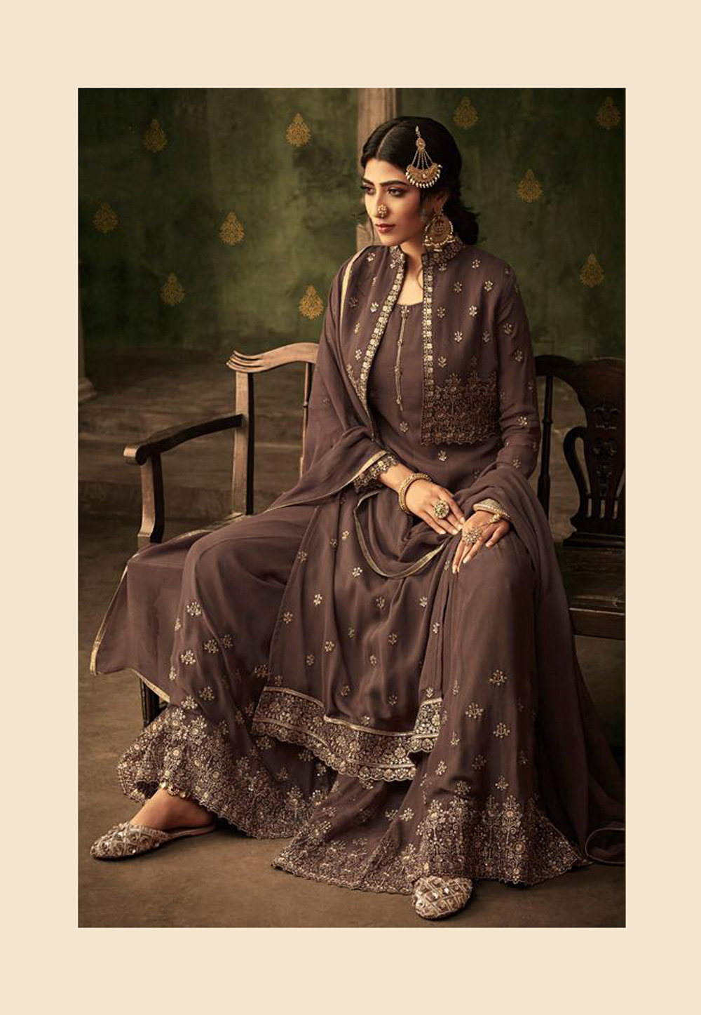 Brown georgette embroidered sharara suit with jacket 70003