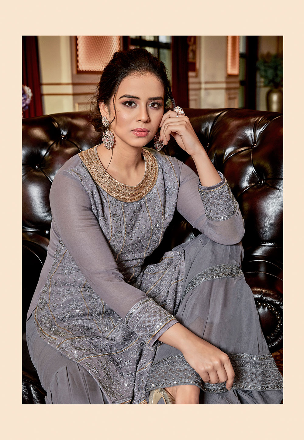 Gray georgette embroidered sharara suit 4524