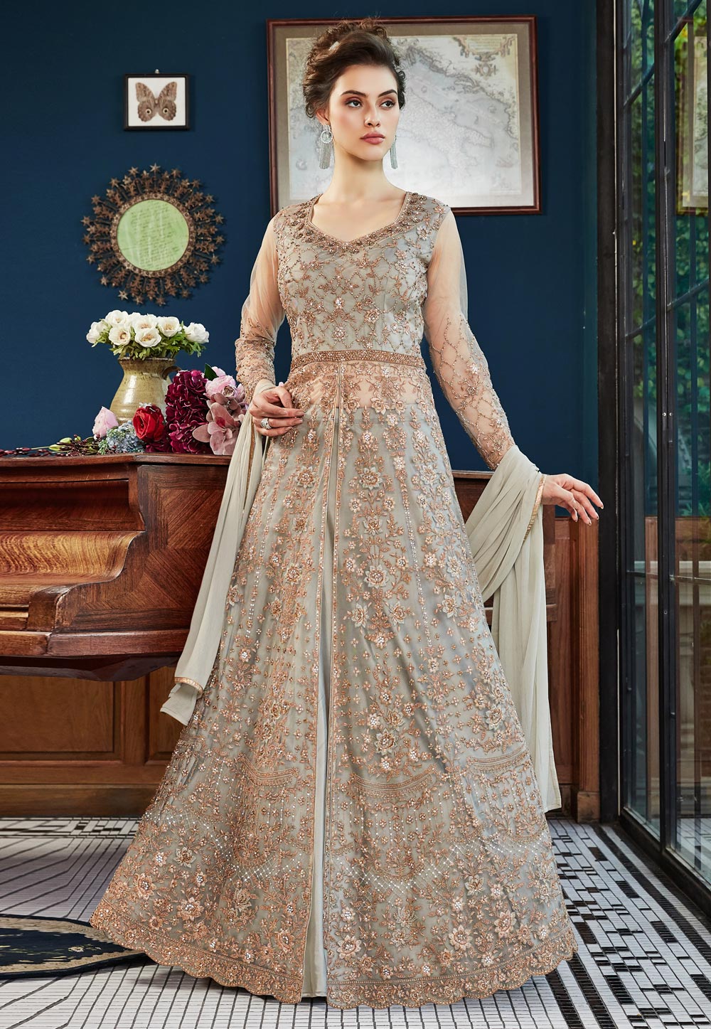 Gray net embroidered long choli lehenga 4534
