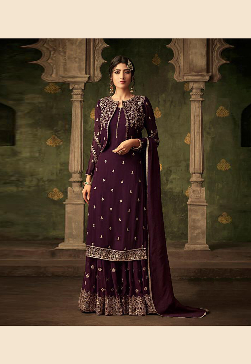 Purple georgette embroidered sharara suit with jacket 70004