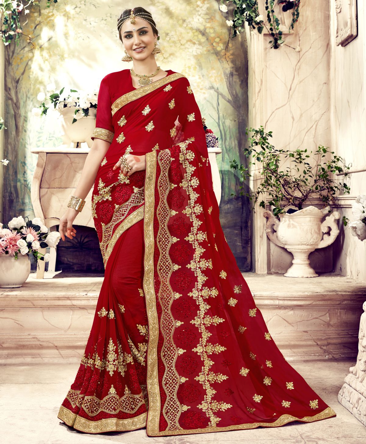 Maroon Georgette Embroidered Wedding Wear saree 6801