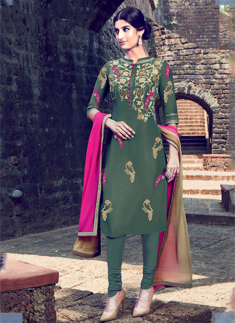 Buy Mehandi color cotton casual wear straight cut salwar kameez in UK ...