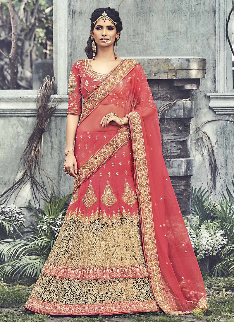 Buy Modest Light Red Raw Silk Wedding Lehenga Choli in UK, USA and Canada