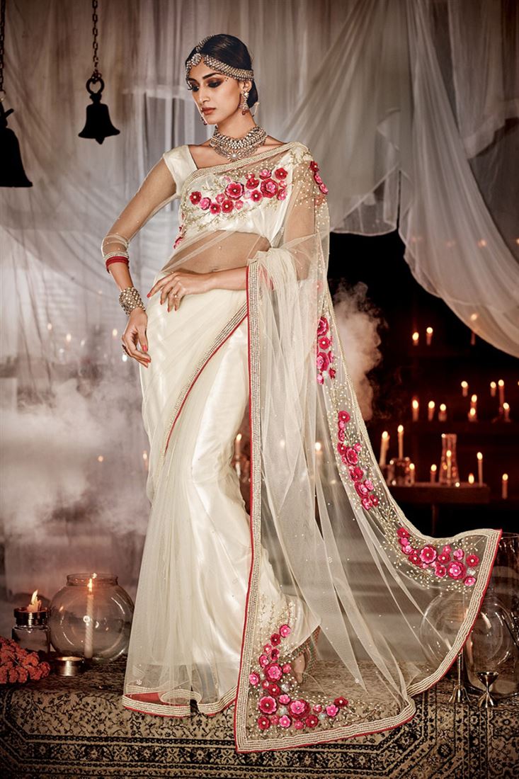 Designer Saris online shopping in USA UK Canada|Buy netted off white ...