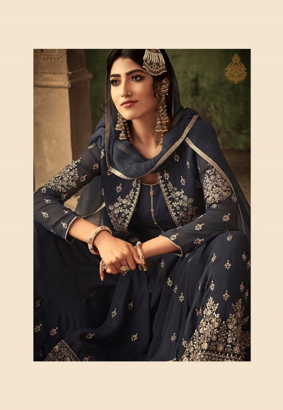 Gray georgette embroidered sharara suit with jacket 70002