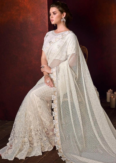 Buy White color net moti work wedding saree in UK, USA and Canada