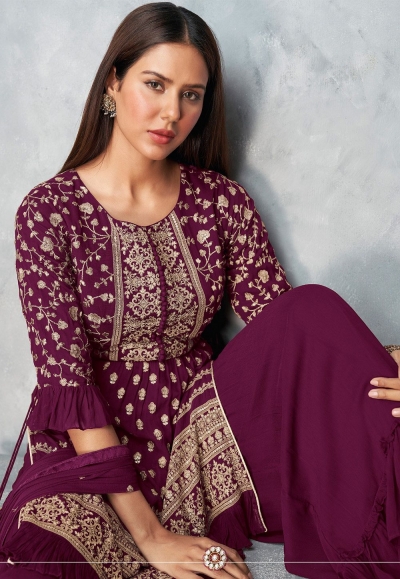 purple georgette embroidered sharara suit 8583