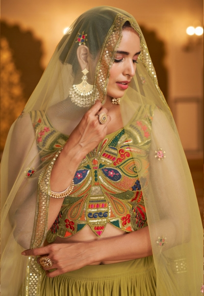 Georgette a line lehenga choli in Mehndi colour 2182