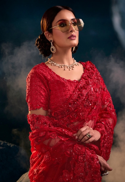 Red net saree with blouse 6307