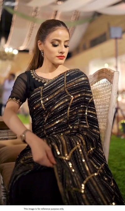 Buy Bollywood model georgette black sequins saree in UK, USA and Canada