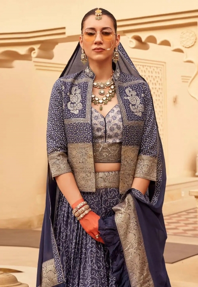 Navy blue silk jacket style lehenga choli 20