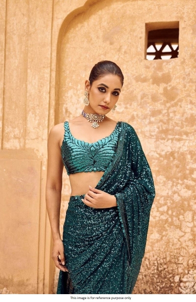 Buy Bollywood Model Net sequins saree in Teal Green in UK, USA and Canada