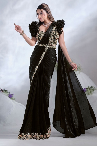 Ready to wear black two tone satin silk saree with stitched blouse 24609