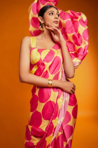 Buy Bollywood Model Satin digital print saree in Pink and Yellow in UK ...