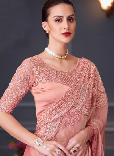 Peach silk chiffon sequins embroidered wedding saree with blouse 30016