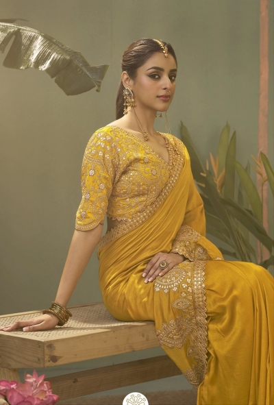 Haldi color bamber silk embroidered gota patti work saree with blouse 8101