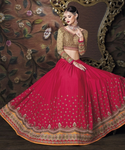 Buy Gajri pink and mustard color softy chiffon and net wedding lehenga ...