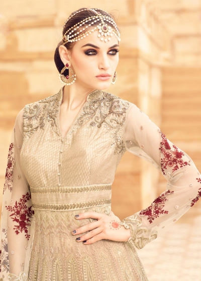 Buy Beige color net wedding wear anarkali kameez in UK, USA and Canada