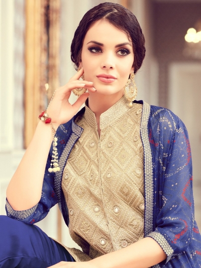 Buy Beige and blue color party wear pant style suitin UK, USA and Canada