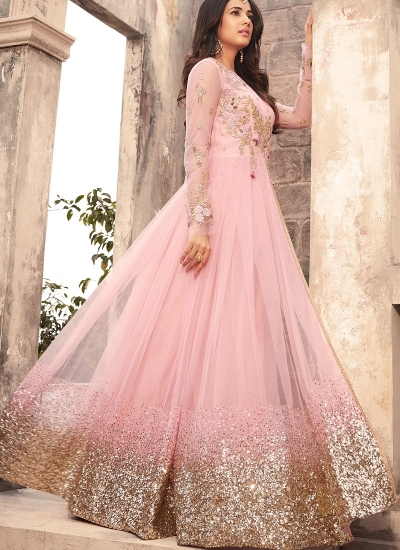 Buy Sonal Chauhan baby pink net wedding anarkali in UK, USA and Canada