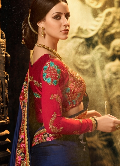 Buy Navy blue color burfi silk Party wear saree in UK, USA and Canada